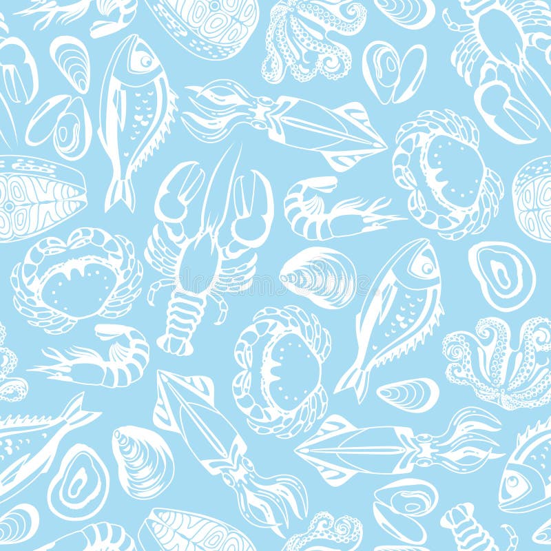 Seamless Pattern with Various Seafood. Illustration of Fish, Shellfish ...