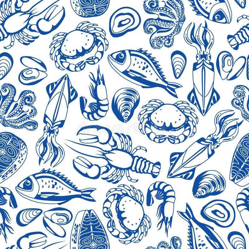 Seamless Pattern with Various Seafood. Illustration of Fish, Shellfish ...