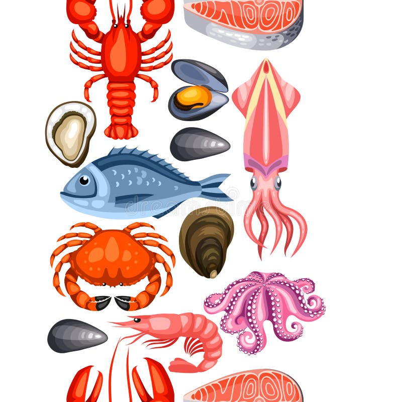 Seamless Pattern with Various Seafood. Illustration of Fish, Shellfish ...