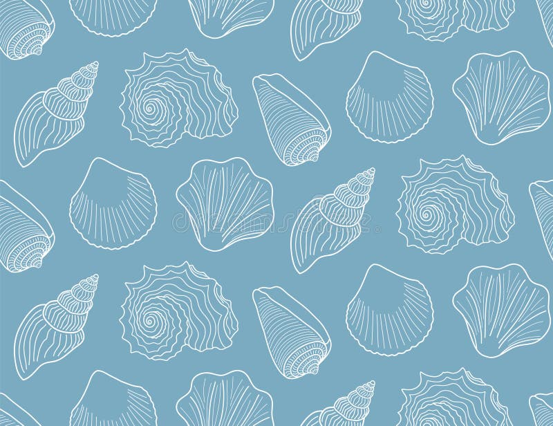 Seamless Pattern of Various Seashells, Background with Outline ...