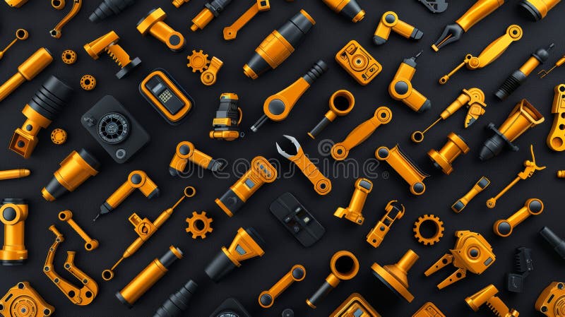 A Seamless Pattern of Various Tools in Yellow on a Black Background ...