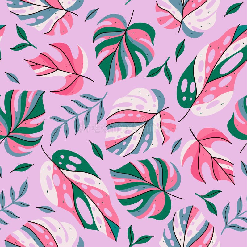Seamless Pattern with Various Tropical Leaves on a Pink Background. Vector Graphics Stock Vector ...