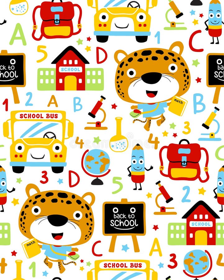 Funny Leopard Cartoon with School Supplies, Smiling Bus and School ...