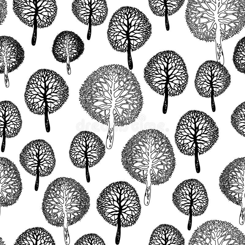 Seamless Pattern with Vector Black Trees Silhouettes Isolated on White ...