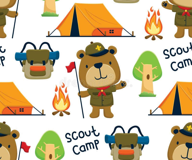 Seamless Pattern Vector of Camping Elements with Cute Bear in Scout ...