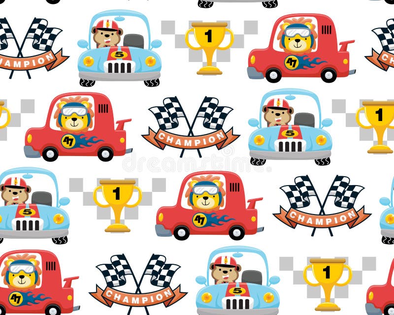 Seamless Pattern Vector of Car Racing Cartoon Elements, Monkey and Lion ...