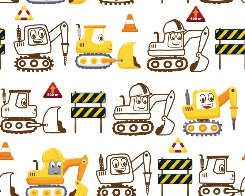 Seamless Pattern Vector of Cartoon Funny Construction Vehicles with ...