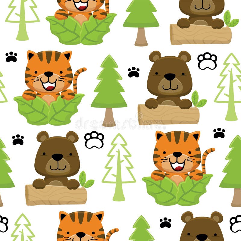 Seamless Pattern Vector of Cartoon Tiger with Bear Playing Hide and ...