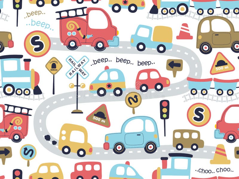 Seamless Pattern Vector of Colorful Vehicles Cartoon, Traffic Elements ...
