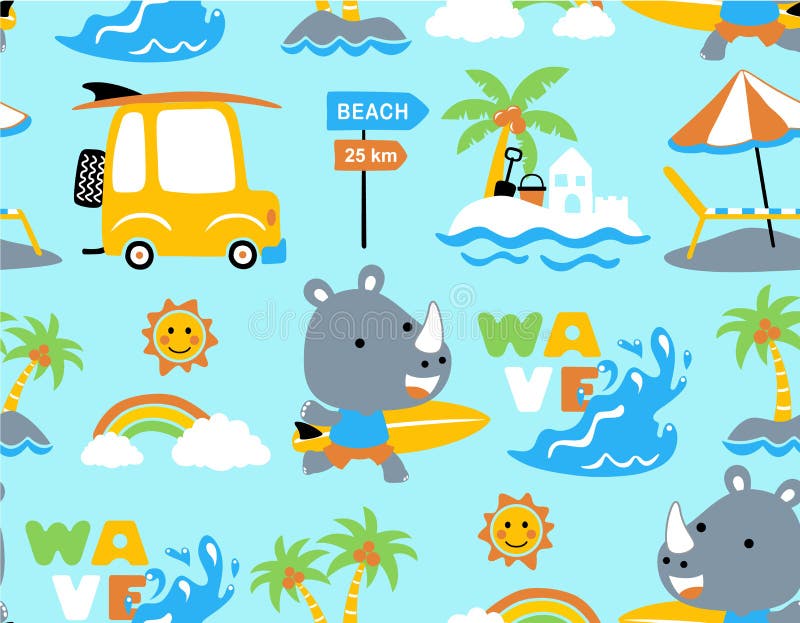 Seamless Pattern Vector of Cute Rhino Surfing in the Beach, Summer ...