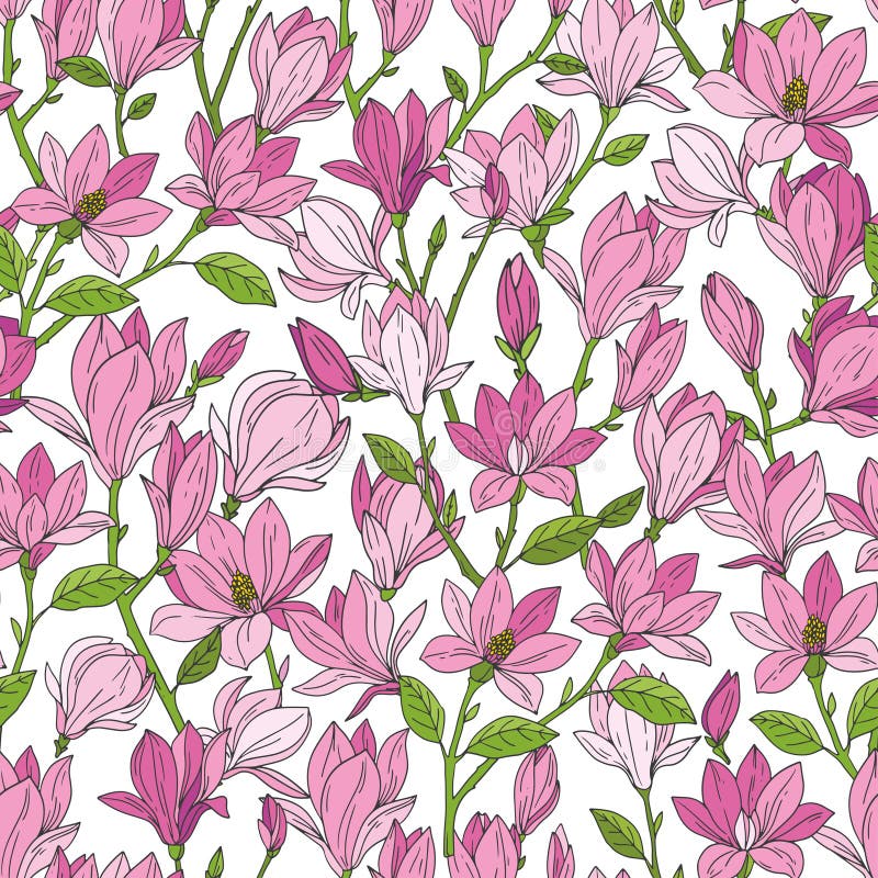 Seamless Pattern of Vector Drawings of Magnolia. White Flowers, Leaves ...