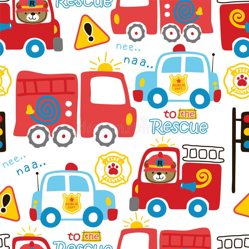 Seamless Pattern Vector of Emergency Vehicles Cartoon, Firefighter with ...