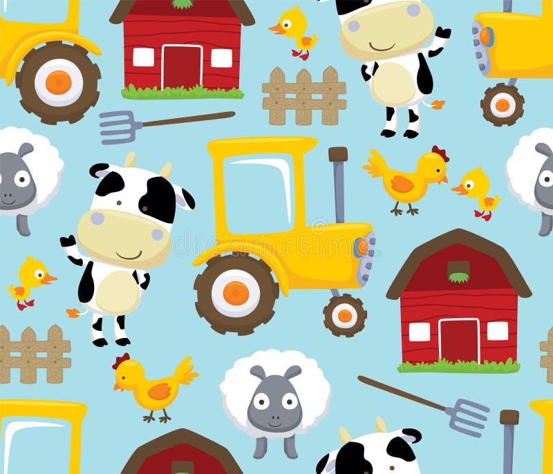 Seamless Pattern Vector of Farm Elements Cartoon. Tractor, Farm Animals ...