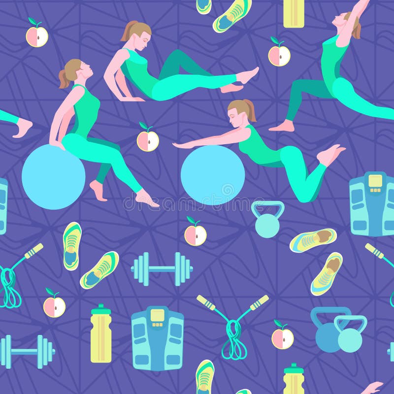 Seamless Pattern with Vector Flat Illustration. Women Sports, Yoga and ...