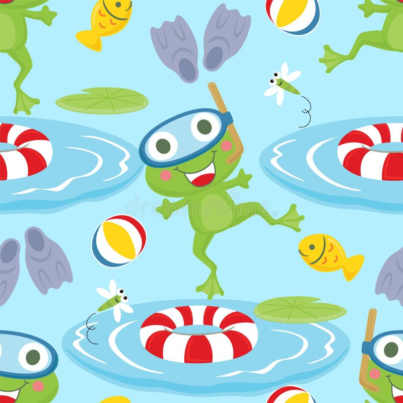 Seamless Pattern Vector of Frog Wearing Diving Goggles, Swim Elements ...