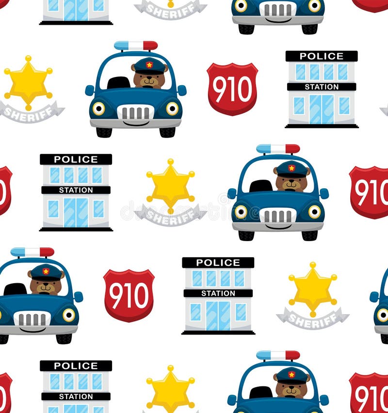Seamless Pattern Vector of Funny Bear Driving Police Car with Police ...