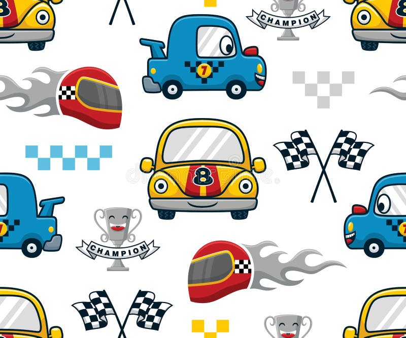 Seamless Pattern Vector of Funny Cartoon Racing Car with Car Racing ...