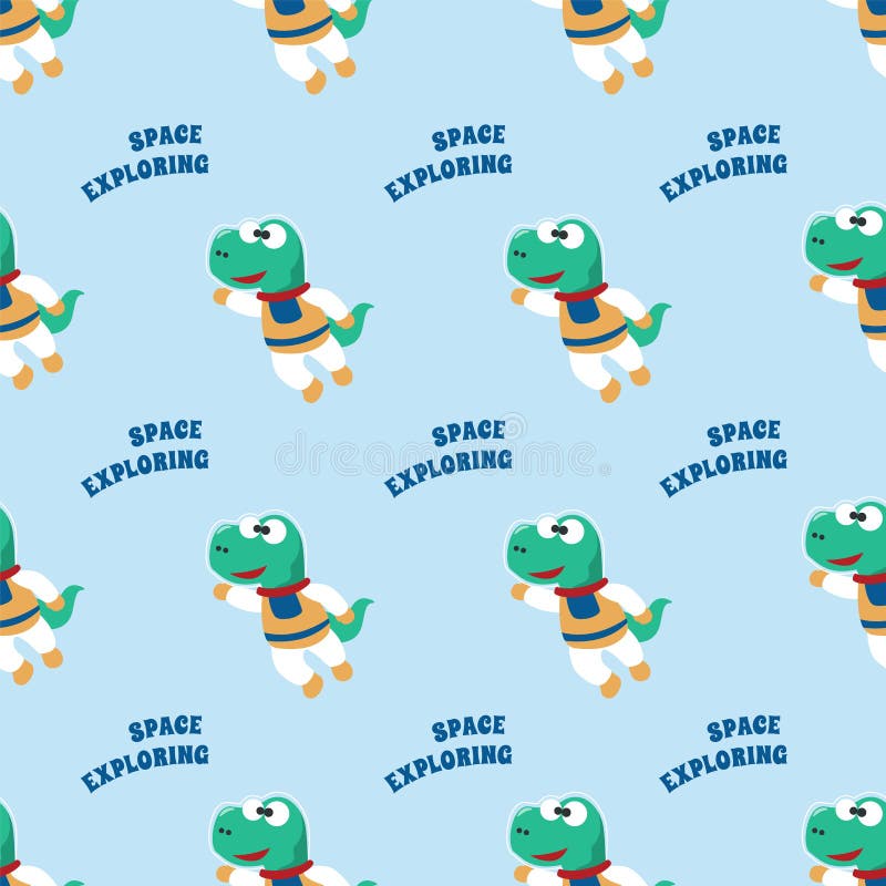 Seamless Pattern Vector of Funny Dinosaur Astronaut in Space. Dinosaur ...