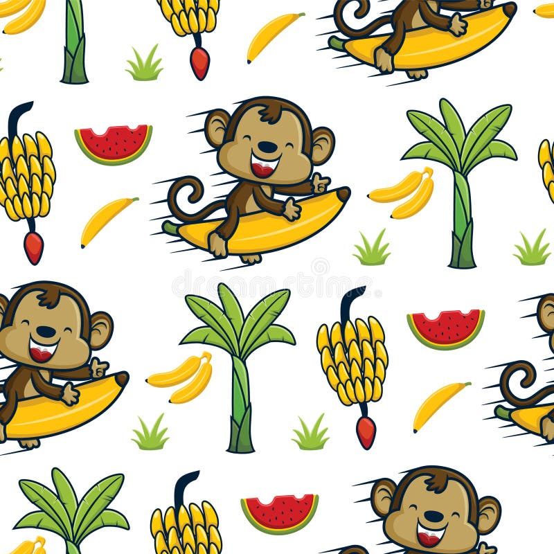Seamless Pattern Vector of Funny Monkey Riding Flying Banana, Banana ...