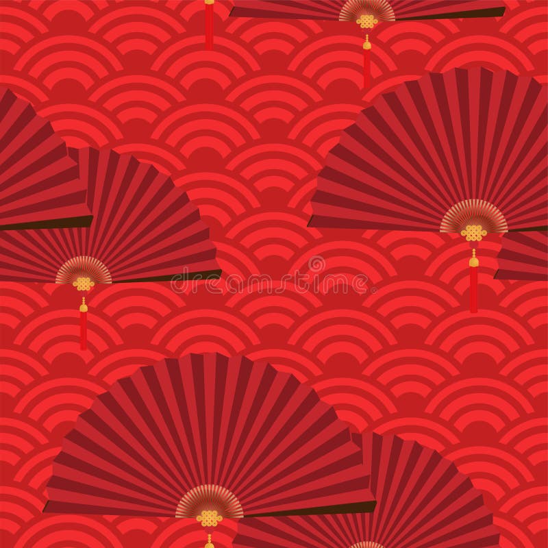Seamless Pattern Vector Illustration of Red Chinese Folding Fans on ...