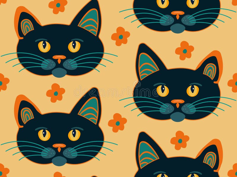 Seamless Pattern Black Cat Face on Orange Background Stock Illustration ...