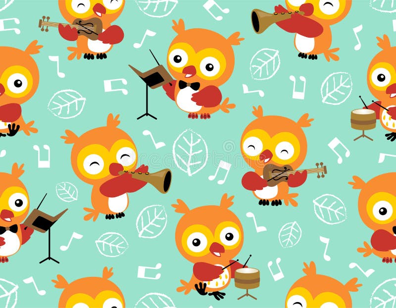 Seamless Pattern Vector with Owl Cartoon Playing Music Instruments ...