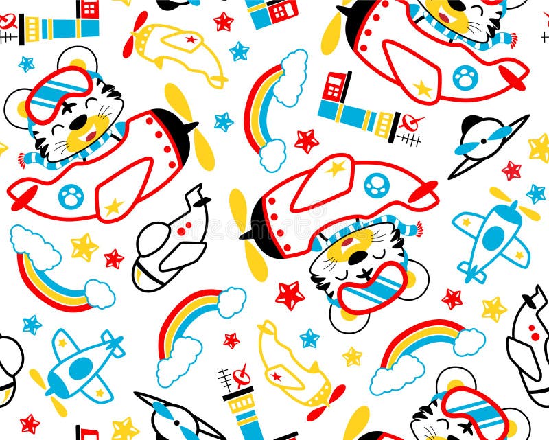 Seamless Pattern Vector with Tiger on Plane Stock Vector - Illustration ...