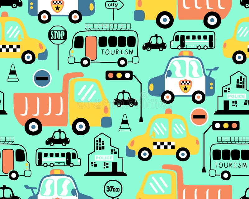Seamless Pattern Vector of Vehicles Cartoon, Traffic Signs and ...