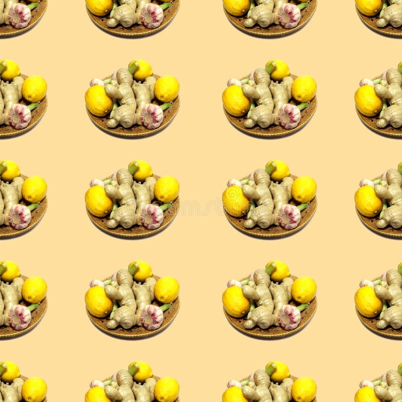 Seamless Pattern Vegetables, Ginger, Garlic and Lemon. Fresh Vegetables ...