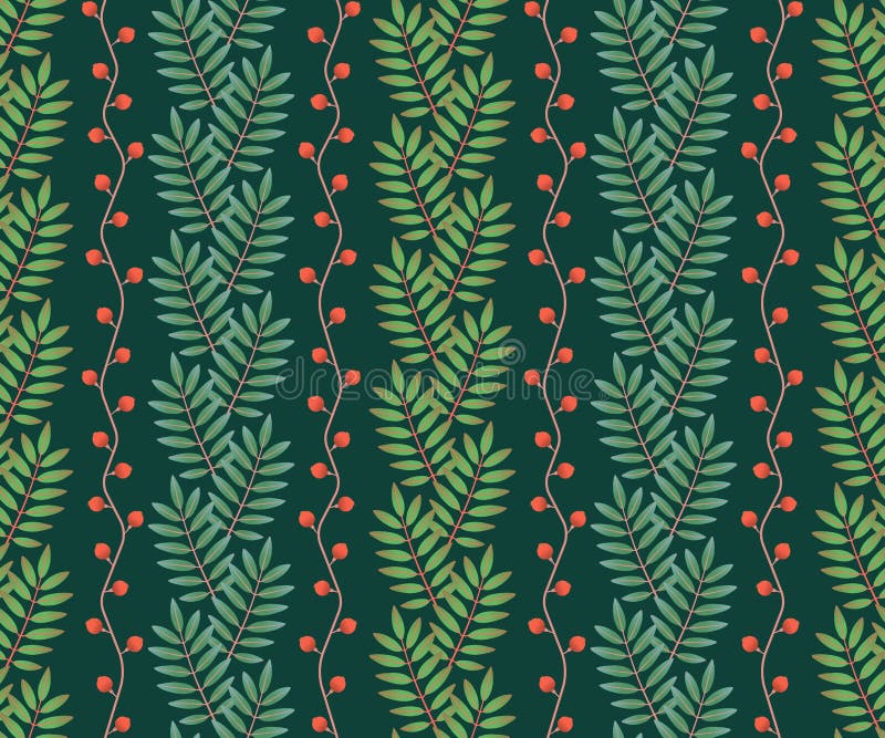 Seamless Pattern with Vertical Rows of Mountain Ash Leaves and Berries ...