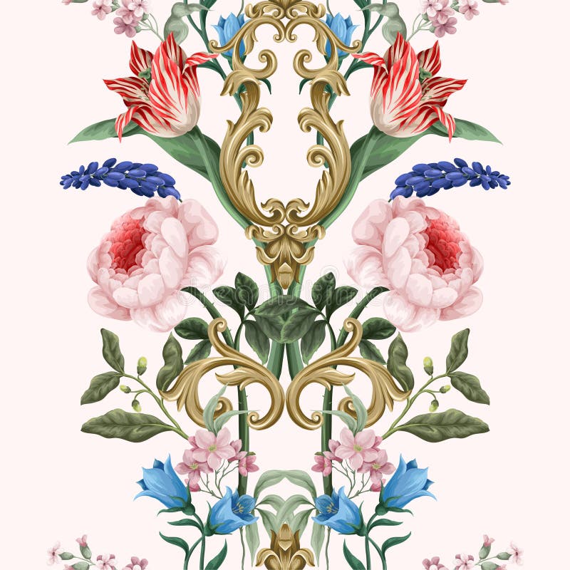 Seamless Pattern with Victorian Vintage Flowers and Baroque Elements. Vector Stock Vector ...