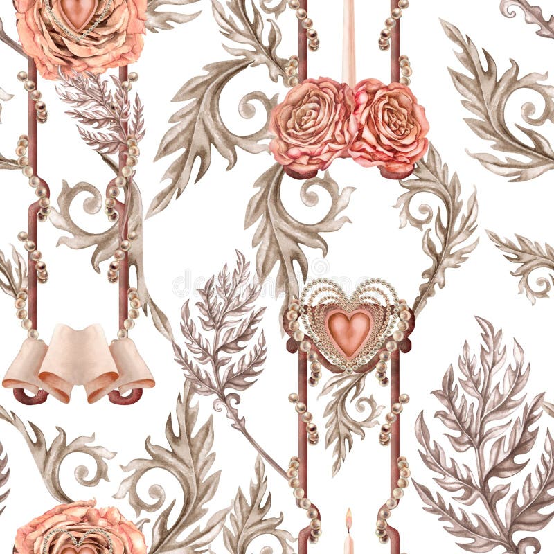 Seamless Pattern with Vignettes and Pink Roses in Baroque Style ...