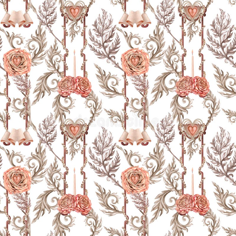 Seamless Pattern with Vignettes and Pink Roses in Baroque Style ...