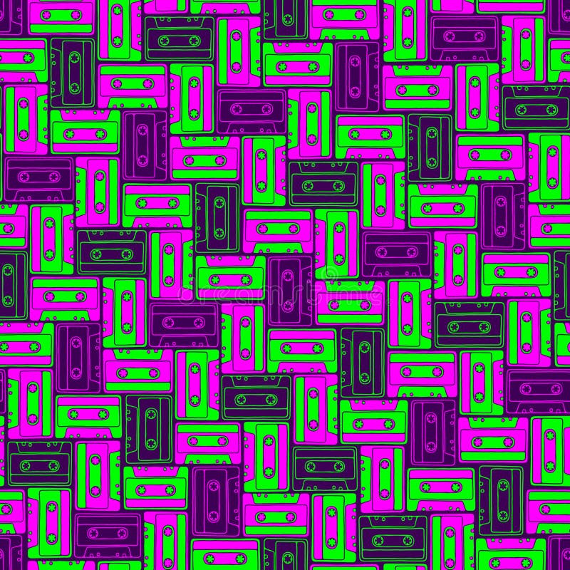 Seamless Pattern with Vintage Cassette Tapes in 3 Colors Stock ...