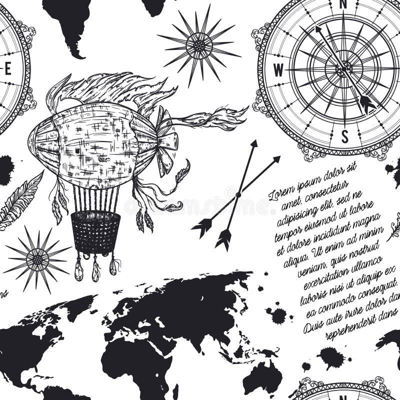 Seamless Pattern with Vintage Compass, World Map, Airship and Wind Rose ...