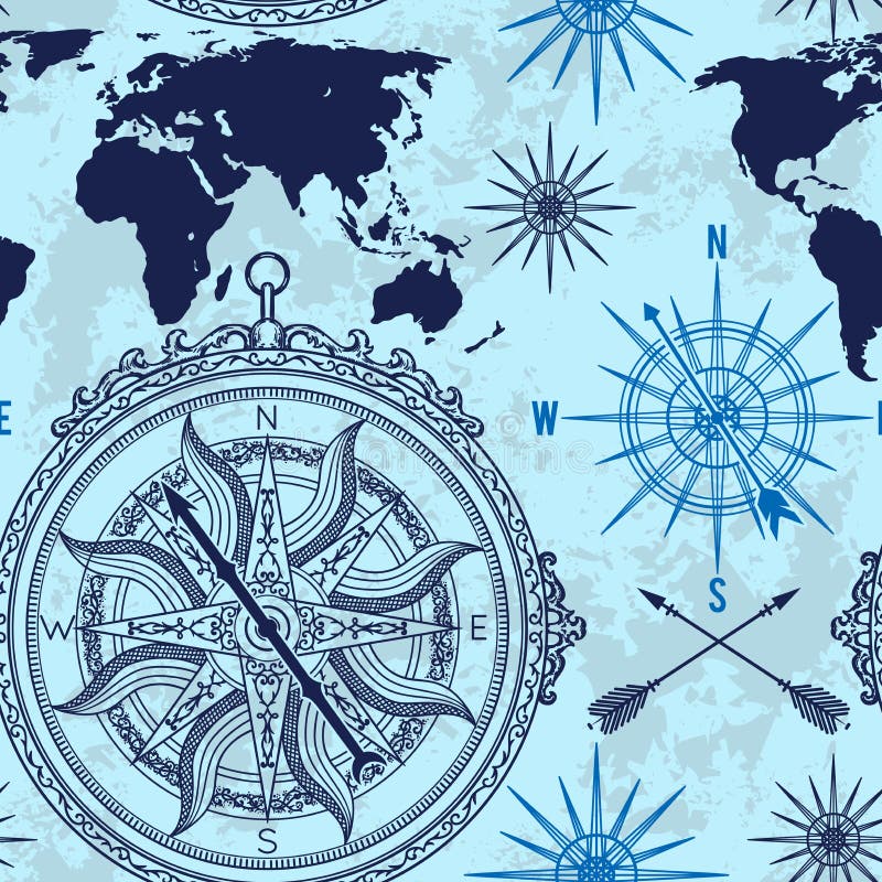 Compass on World Map. Nautical Compass with Globe for Travel and ...