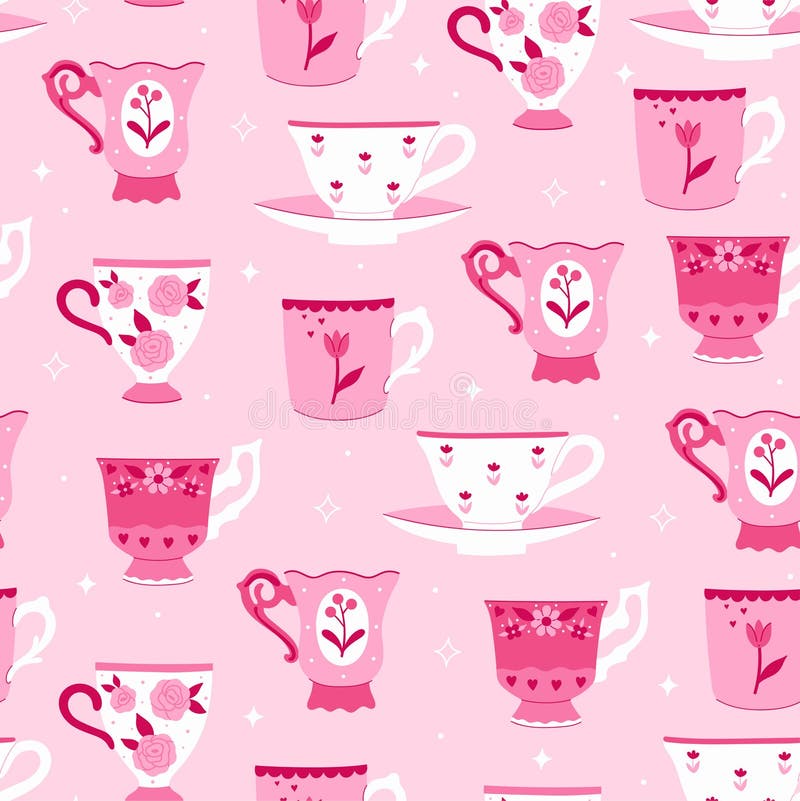 Seamless Pattern with Vintage Cups in Pink Tones. Vector Graphics Stock Vector - Illustration of ...