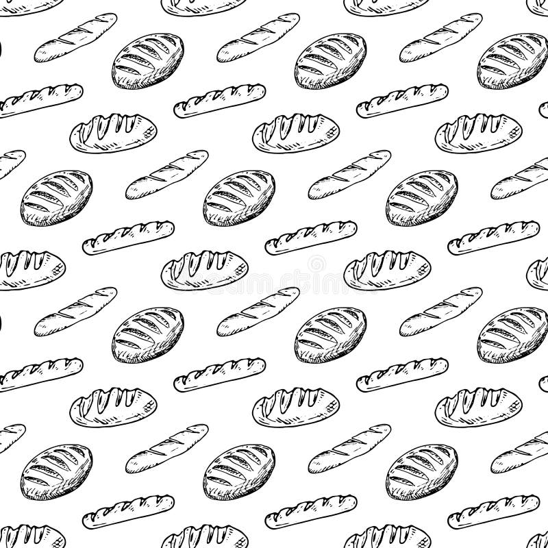 Seamless Pattern Vintage Hand Drawn Sketch Style Bakery Set. Bread and ...