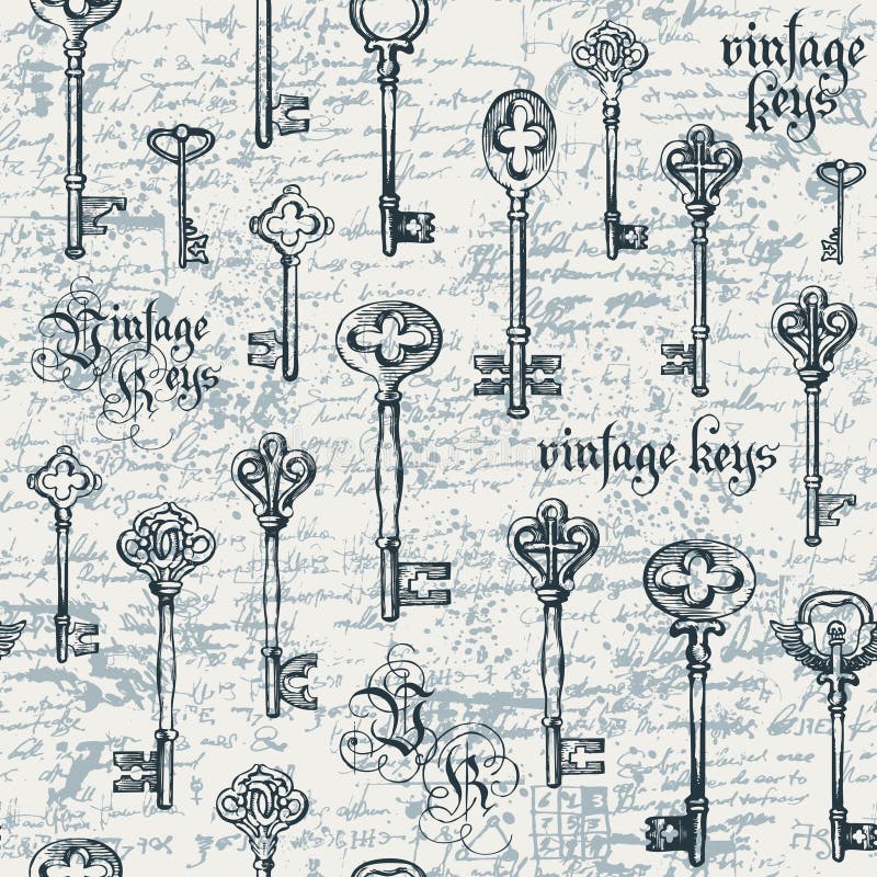 Seamless Pattern with Vintage Keys and Lettering Stock Vector ...