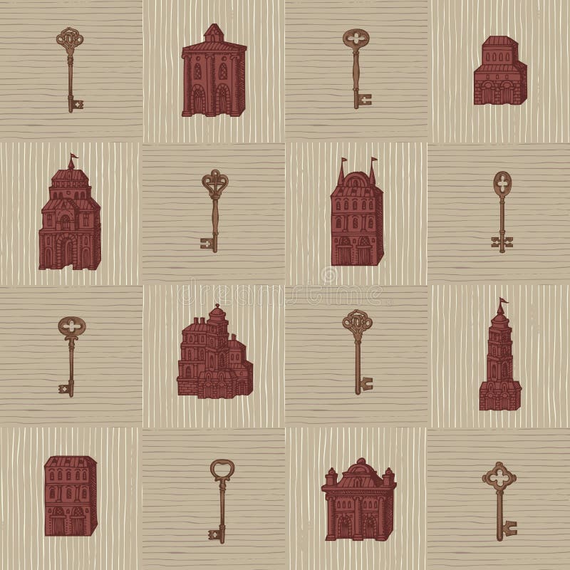 Seamless Pattern with Vintage Keys and Old Buildings Stock Vector ...