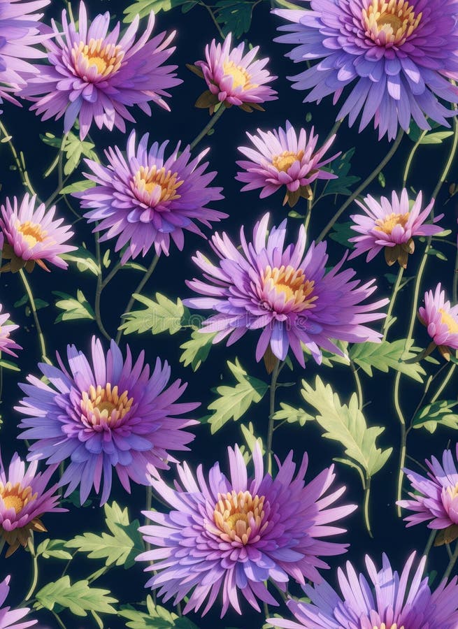 Seamless Pattern with Violet Aster Flowers Illustration. Mobile ...