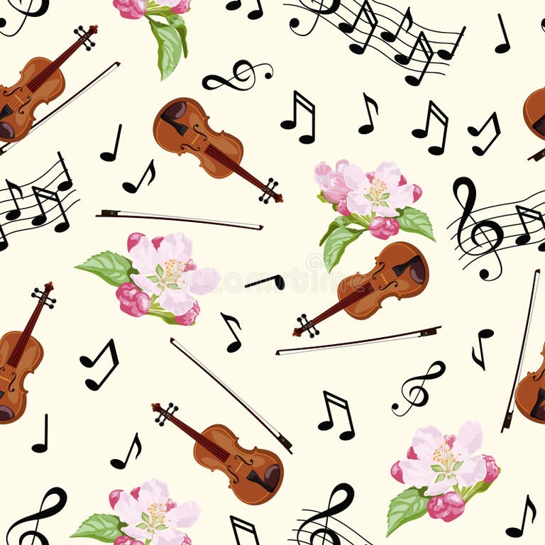 Seamless Pattern with Violins, Flowers and Notes on White Background ...