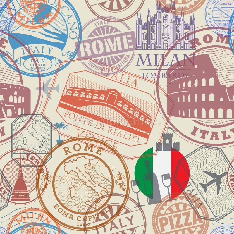 Seamless Pattern with Visa Rubber Stamps Italy Theme Stock Vector ...