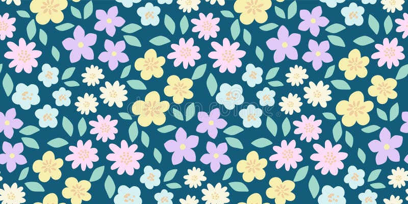 Seamless Pattern with Vivid Blooming Spring Flowers on Dark Background ...
