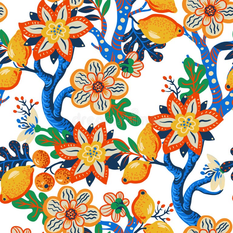 Seamless Pattern with Vivid Simple Flowers and Lemons. Vector. Stock Vector - Illustration of ...