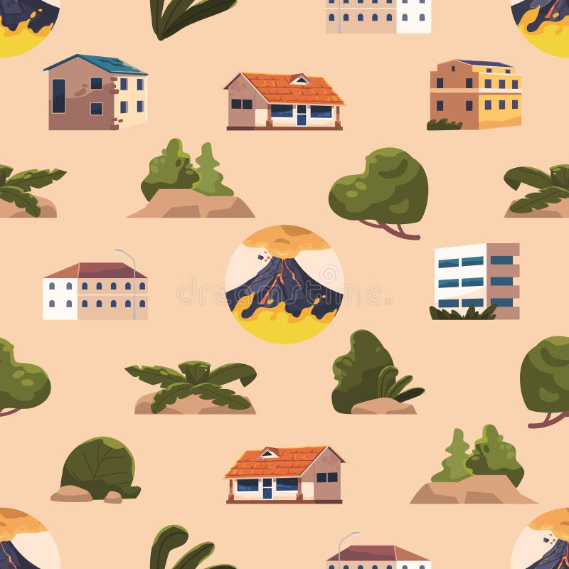 Seamless Pattern with Volcanic Eruption Elements. Erupting Volcano with ...