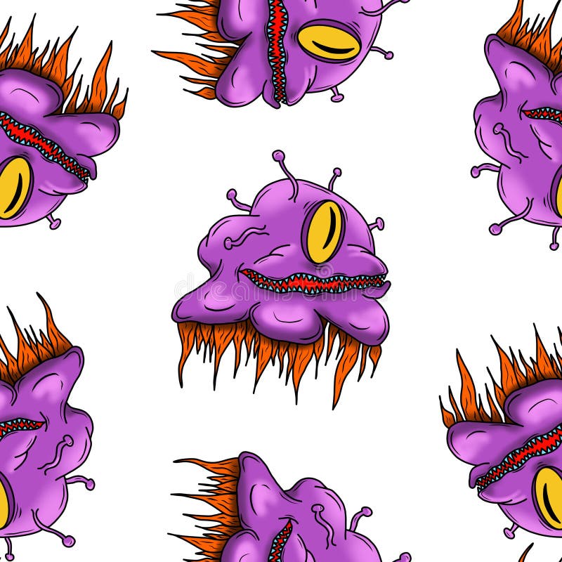 Wacky, Crazy Space Alien or Monster Cartoon. Seemless Pattern. Computer ...