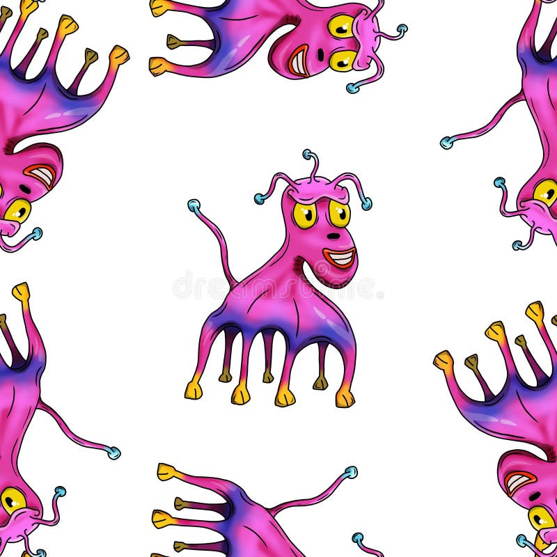 Wacky, Crazy Space Alien or Monster Cartoon. Seemless Pattern. Computer ...