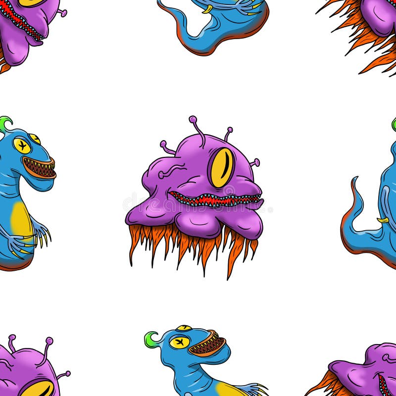 Wacky, Crazy Space Alien or Monster Cartoon. Seemless Pattern. Computer ...