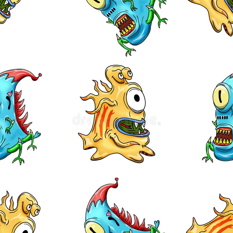 Wacky, Crazy Space Alien or Monster Cartoon. Seemless Pattern. Computer ...